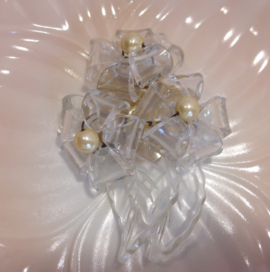 Clear Lucite Flower Brooch, Pearl Ribbon Leaves, Bridal Corsage - Etsy