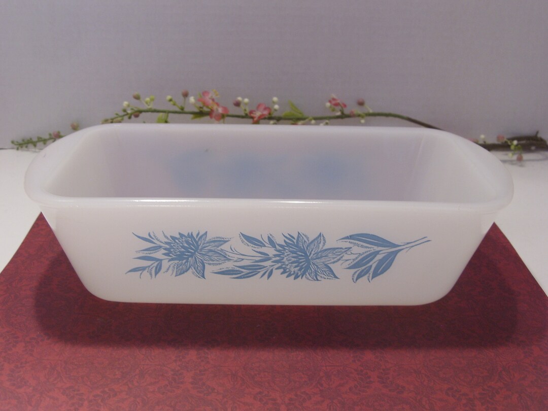 Glasbake White Milk Glass Loaf Pan With Turquoise Blue Floral Design 8 ...