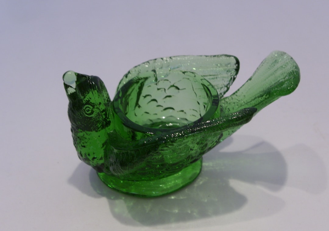 Degenhart Green Glass Bird Salt Dip, Salt Cellar, Bird With Berry Open ...
