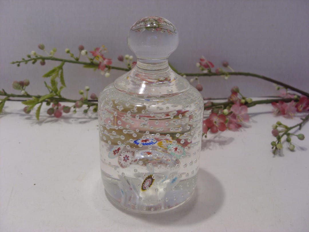 Murano Glass Paperweight With Millefiori Flowers and Bubbles Silver ...