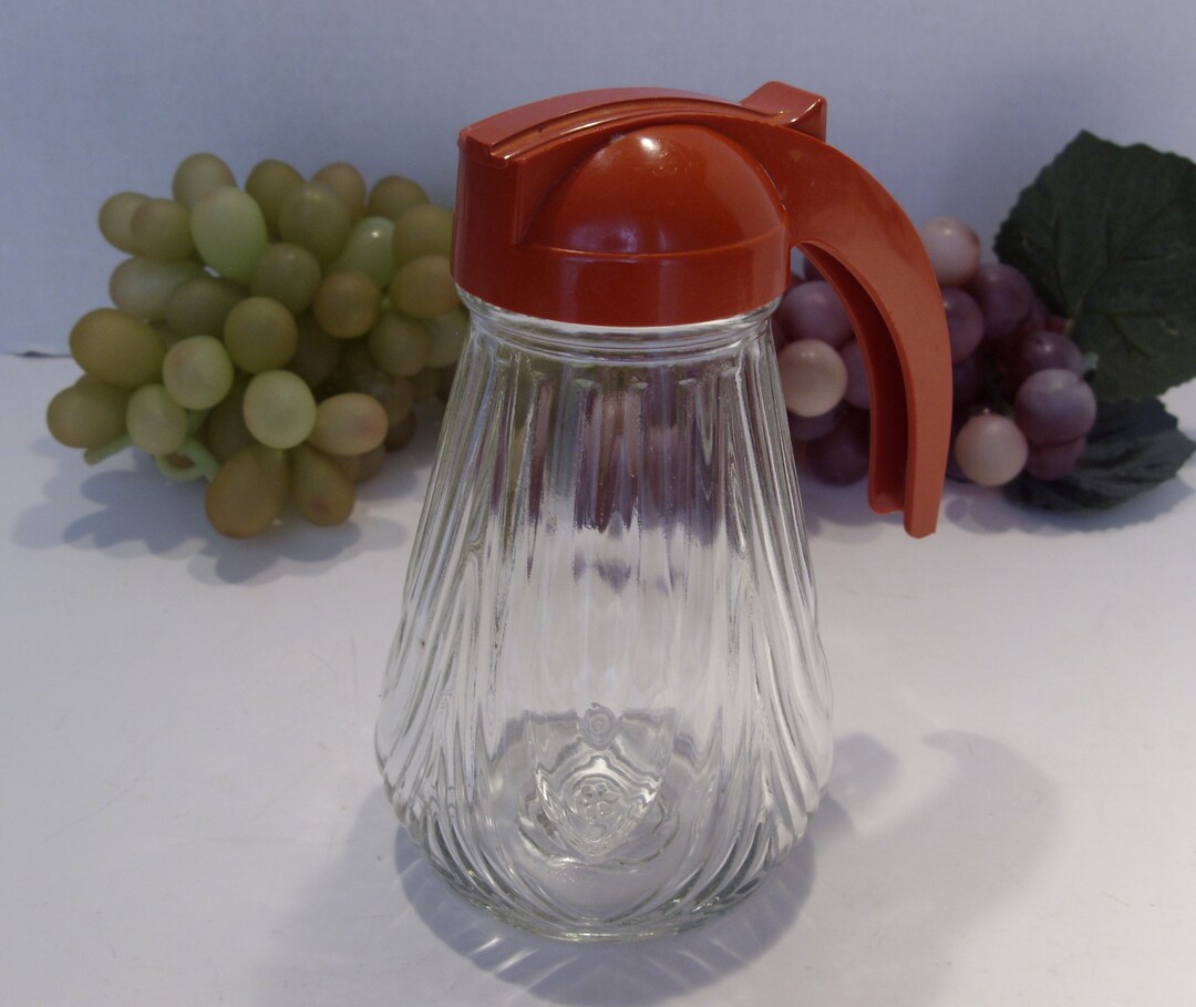 Vintage Glass Syrup Jar Dispenser With Red Plastic Lid Handle, Kitchen ...