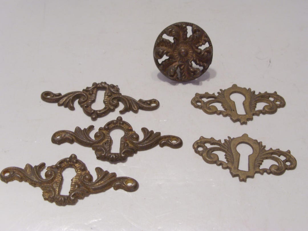 Antique Drawer Lock Plates Two Styles Group of Five and One Drawer Knob ...