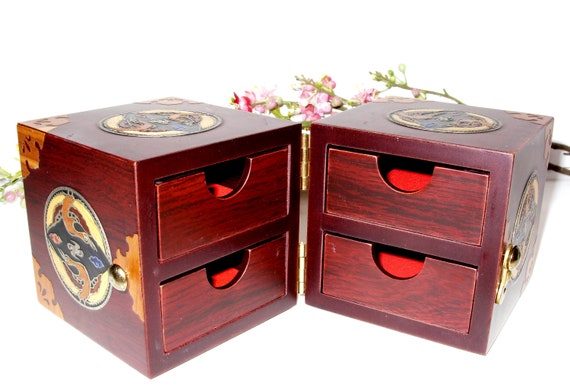 Wood Inlay Korean Hinged Jewelry Box with Four Drawer… - Gem