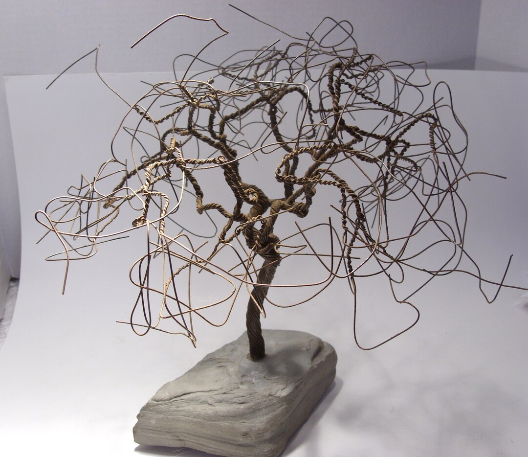 Modern Art Twisted Wire Tree Sculpture on Rock Base, Artist Signed ...