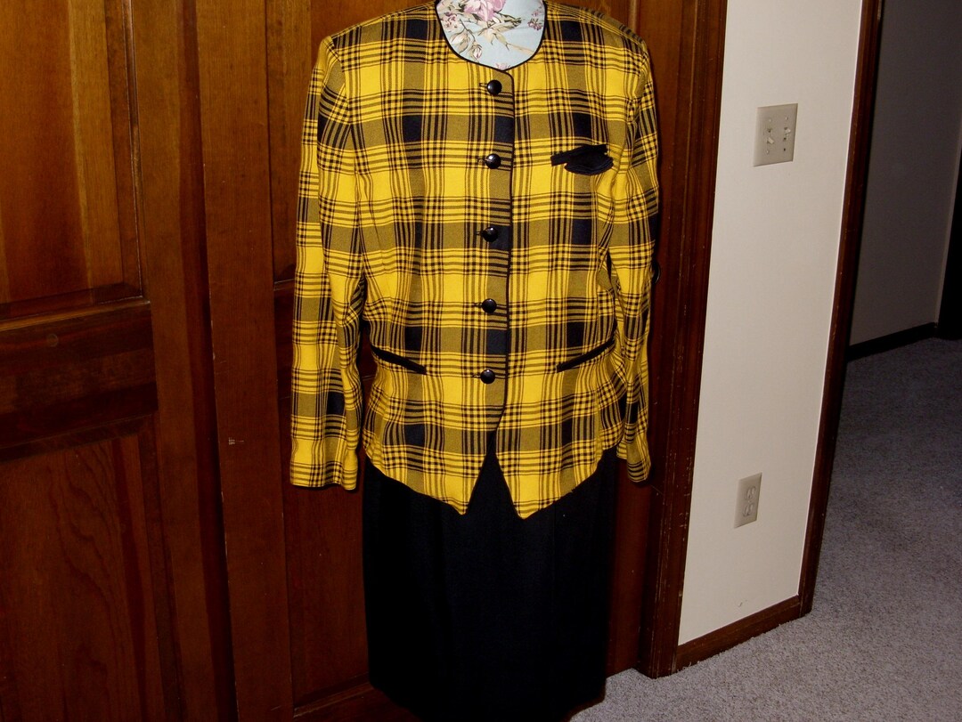 Vintage Leslie Fay Yellow and Black Plaid Suit Jacket Black Skirt ...