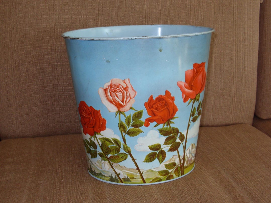 Blue Metal Wastebasket With Pink and Red Roses 1950's Vintage Trash Can ...