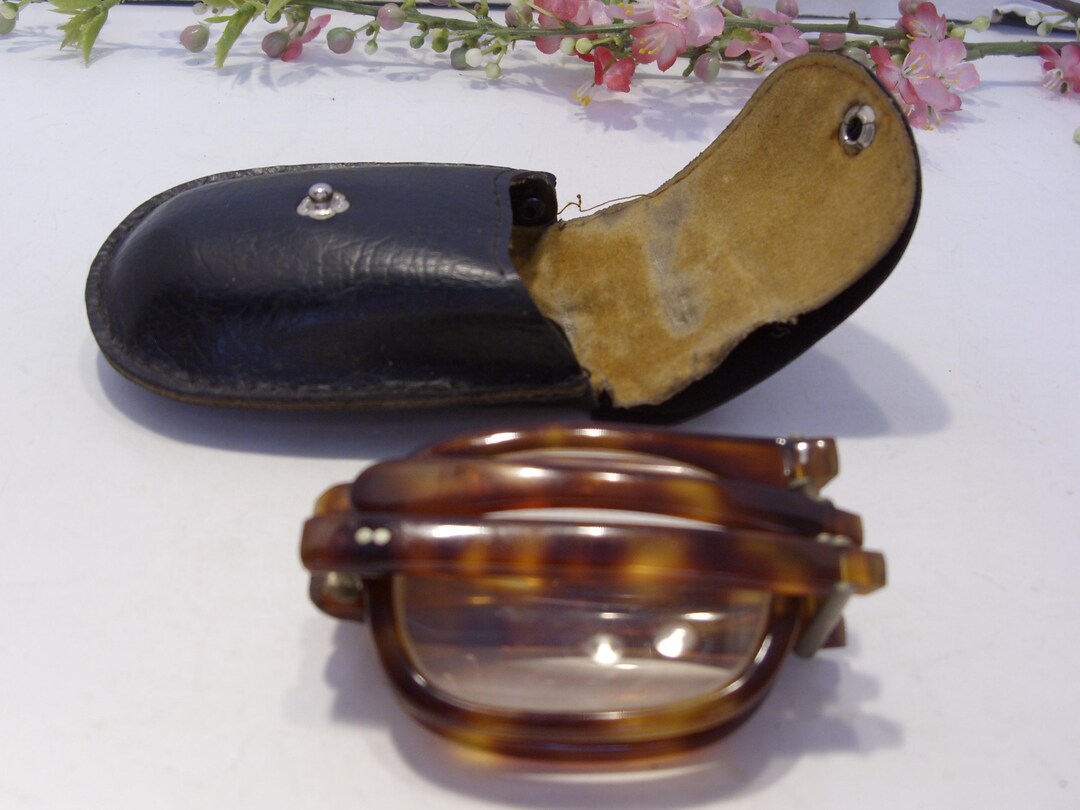 Foldable Vintage Eyeglasses in Black Leather Case Viva Optical CO Brown ...