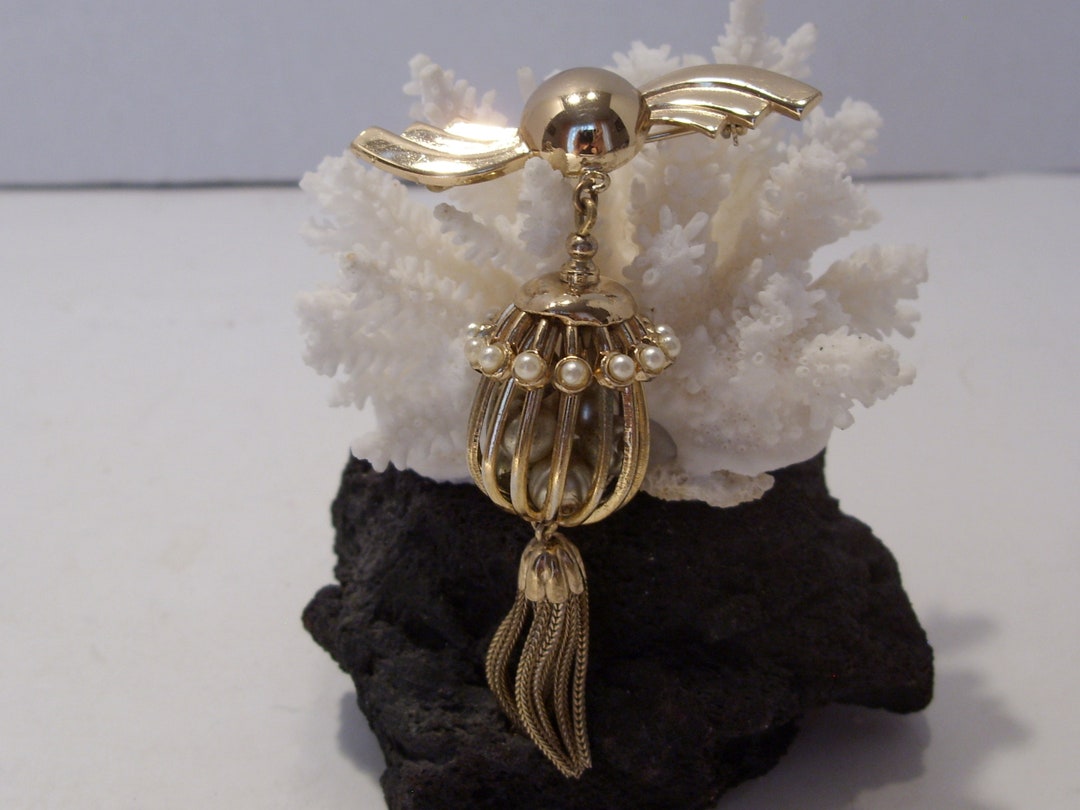 Coro Vintage Gold Tone Bar Pin With Pearl Cage Dangle and Tassel ...