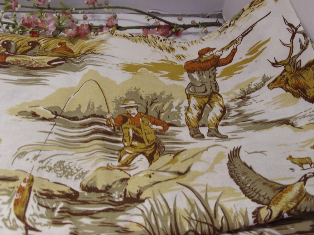 Vintage Outdoor Hunting /fishing Scene Fabric 4 1/3 Yards 44" Wide ...