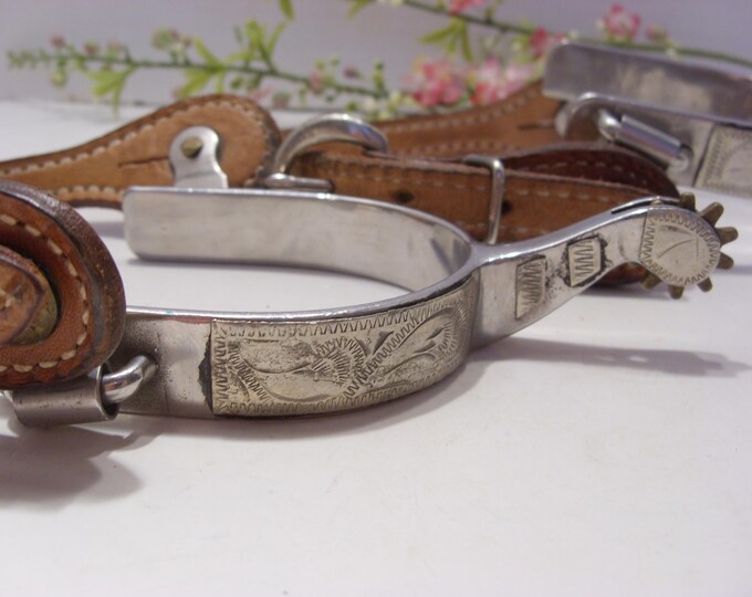 Pair of Vintage Spurs With Etched Silver Metal Design and Adjustable ...