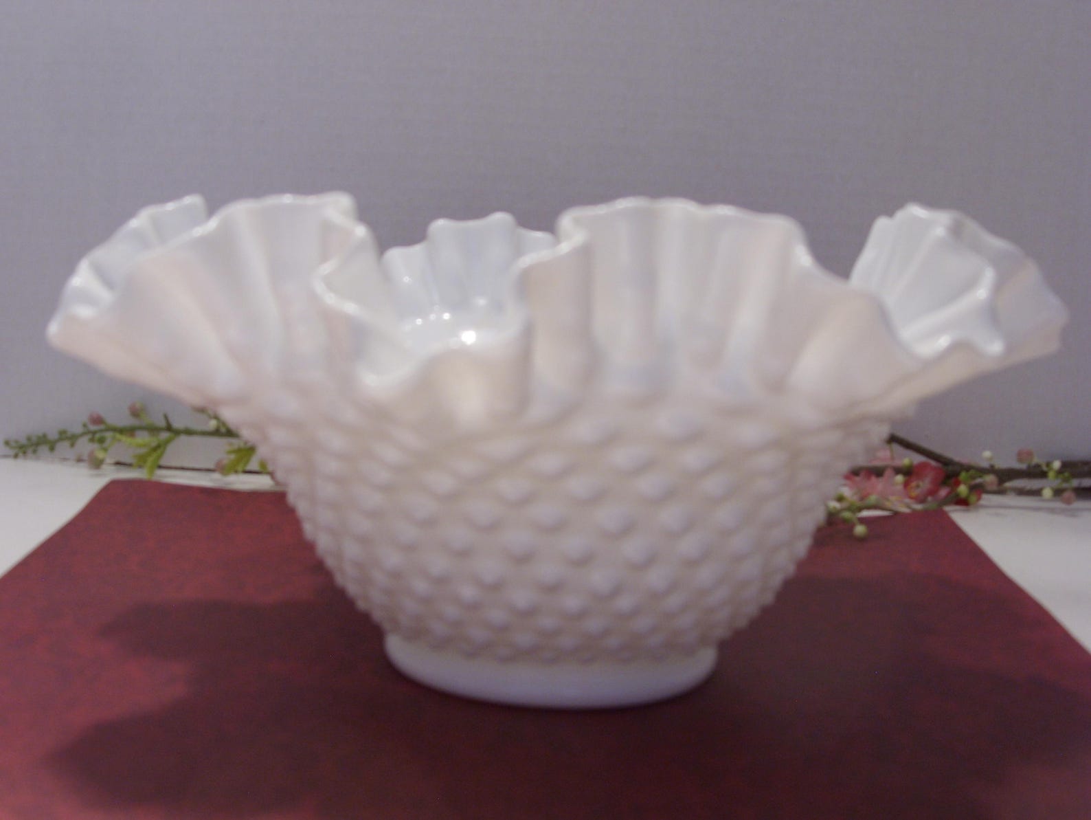 Fenton White Milk Glass Hobnail Bowl With Crimped Ruffled Edge Vintage ...