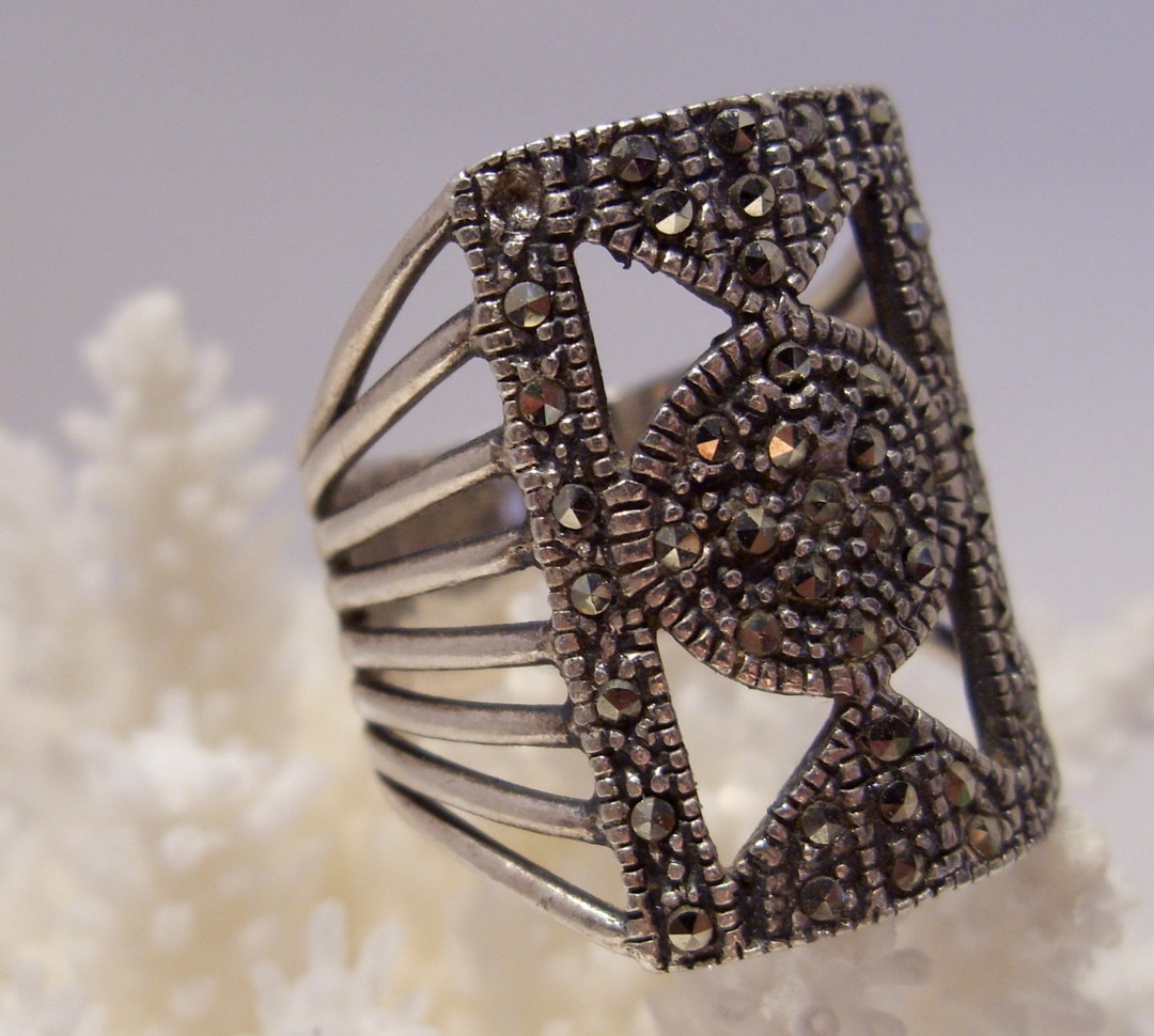 Marcasite and Sterling Silver Large Geometric Ring, Symbol Ring, Size 8 ...