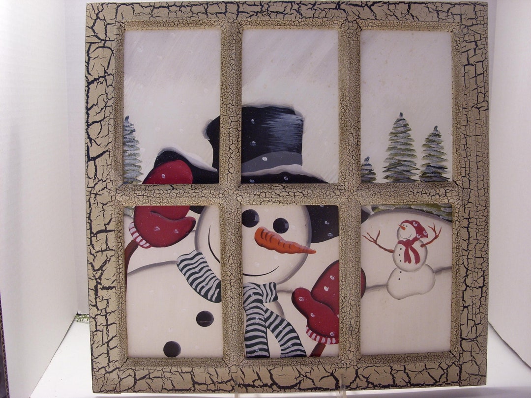 Faux Six Pane Window Frame With Painted Snowman Looking Inside 14 X 13 ...