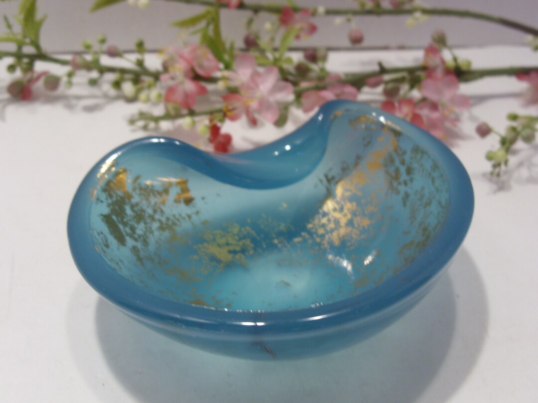 Small Turquoise Blue Art Glass Trinket Bowl Dish With Gold Spongeware ...