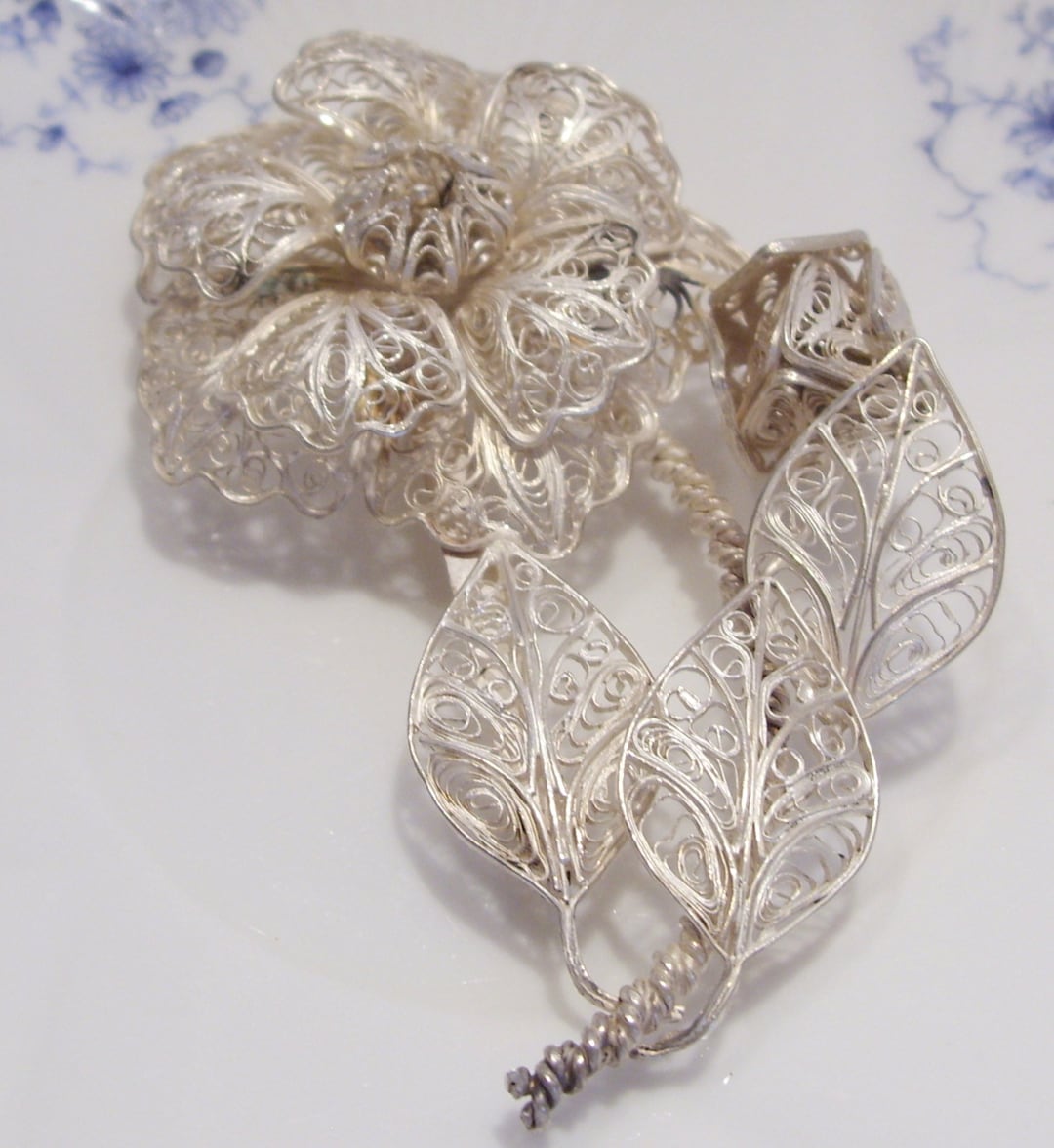 Large Sterling Silver Filigree Flower Brooch Pin,free SHIPPING USA, Mid ...