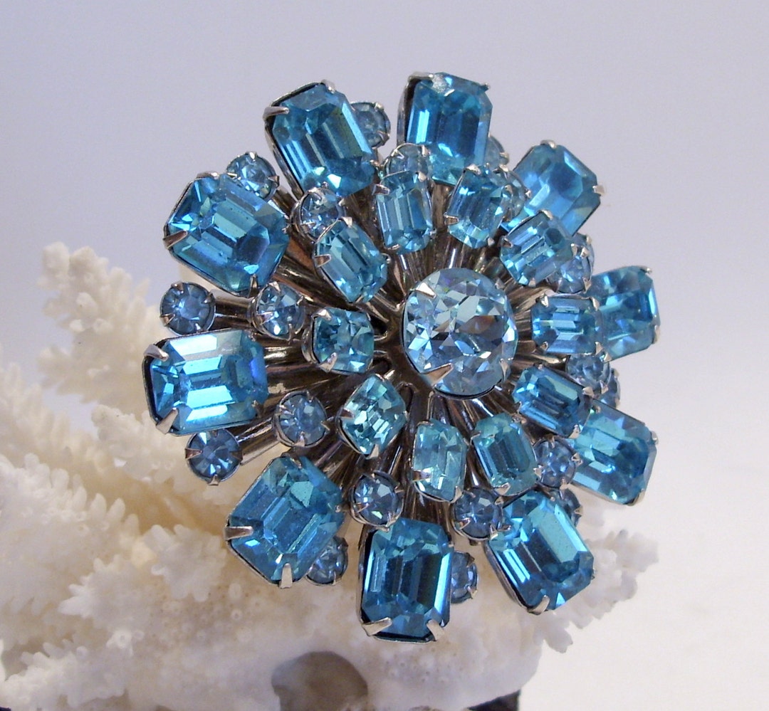 Aqua Rhinestone Starburst Brooch: Mid Century Modern Pin - Etsy