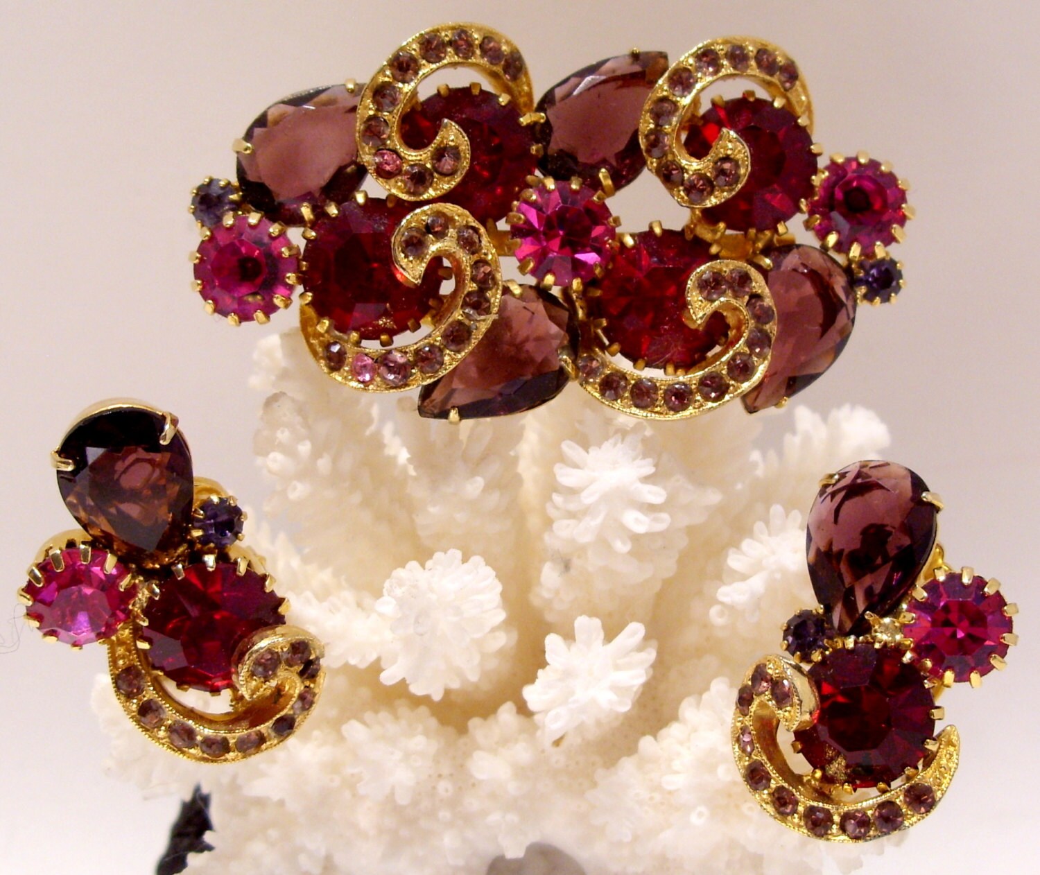 Amethyst Purple, Ruby Red and Pink Rhinestone Brooch Pin and Clip ...