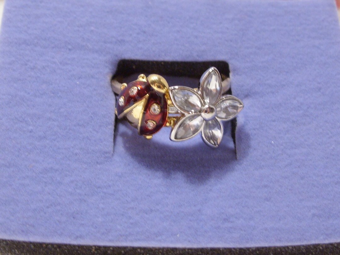 Avon Ladybug and Rhinestone Flower Interchangeable Ring Size 9 in ...