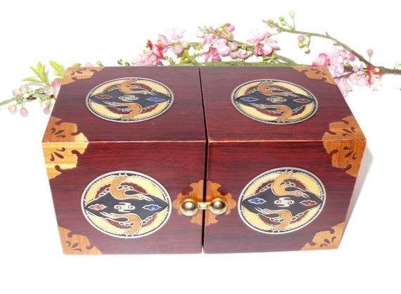 Wood Inlay Korean Hinged Jewelry Box with Four Drawer… - Gem
