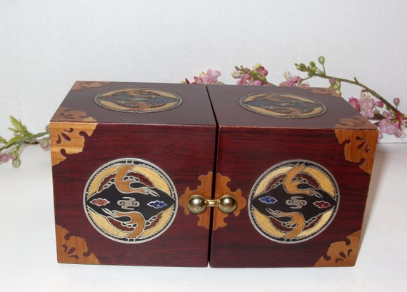 Wood Inlay Korean Hinged Jewelry Box with Four Drawer… - Gem