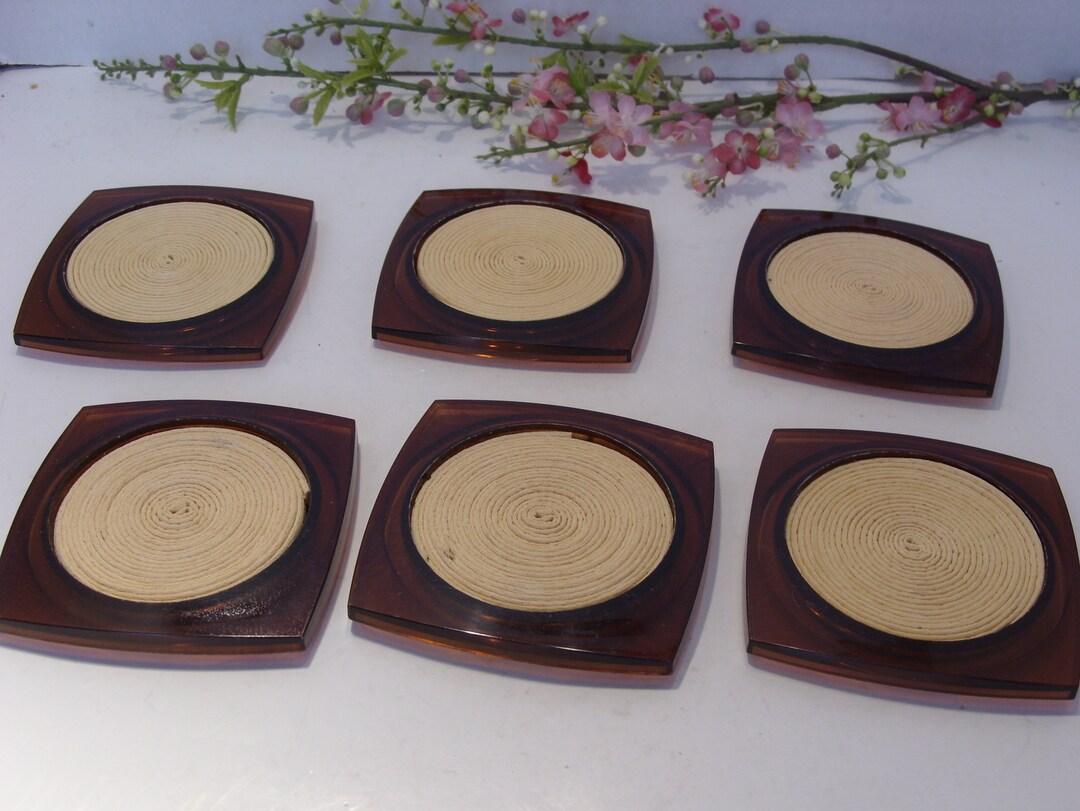 Brown Lucite Paper Rope Coil Coasters Set of Six Made in the USA ...