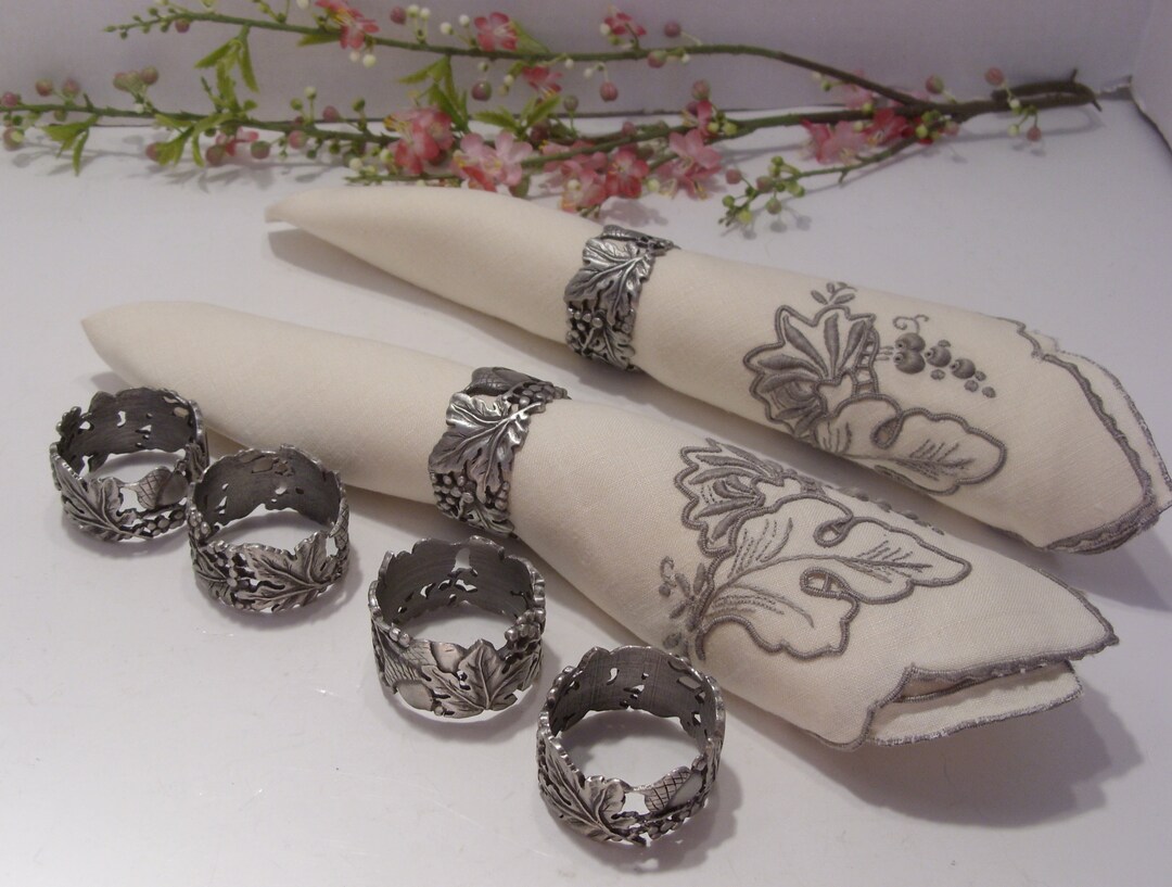Pewter Look Vintage Napkin Ring Holders Have Acorns and Grape Leaves in ...