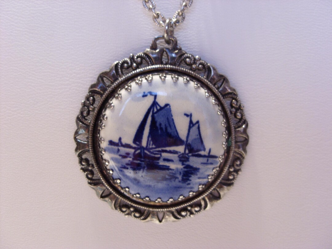 Delft Blue Ship Pendant Necklace Set in Silver Tone Metal on a 20 Inch ...