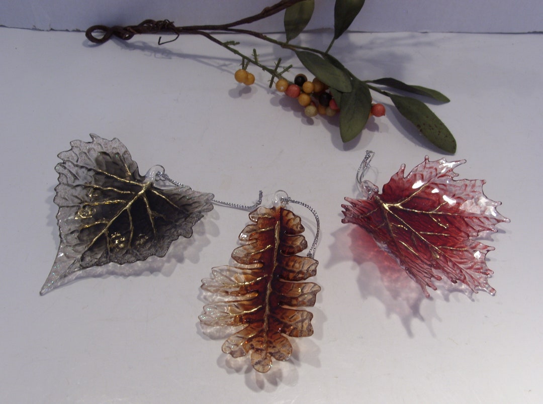 Acrylic Plastic Fall Leaves Group of Three Ornaments Brown Oak Leaf ...