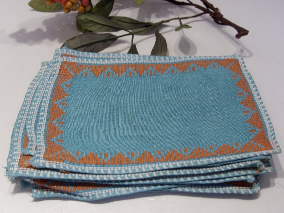 Vintage Linen Cocktail Napkins: Turquoise Embroidered Borders, Set of ...