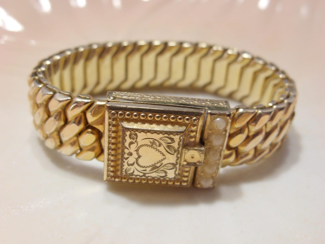 Gold Filled Locket Expansion Bracelet Etched Heart and Faux Pearl Top ...