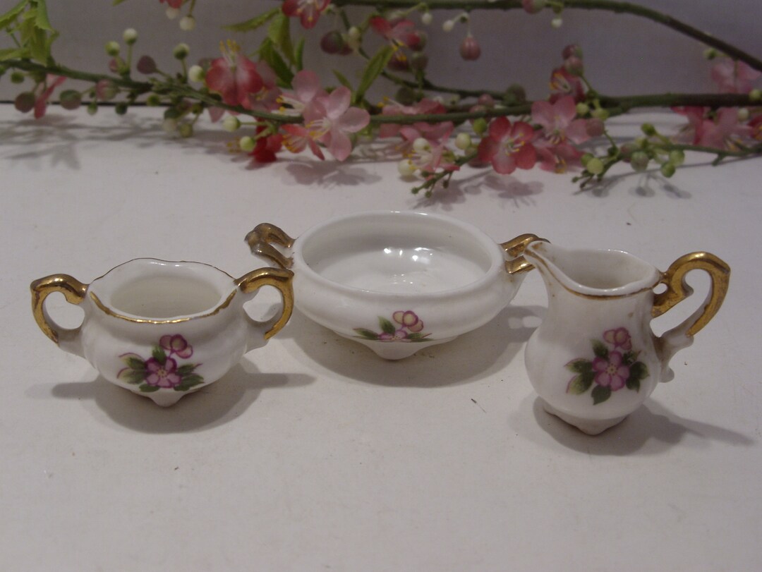 Miniature China Tea Set Pieces, Group of Three, Creamer, Sugar and ...