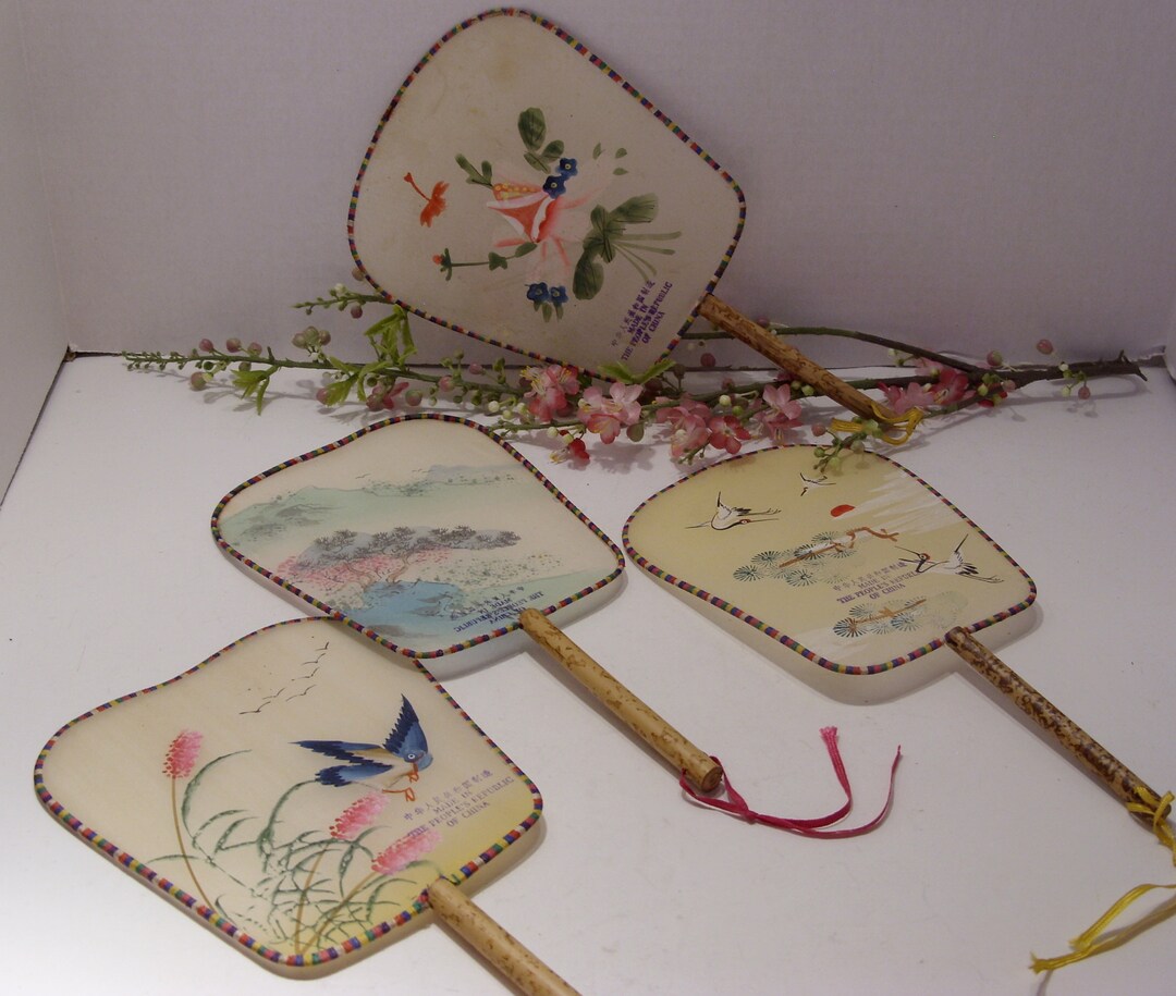 Group of Four Vintage Hand Painted Silk Fans Made in the - Etsy