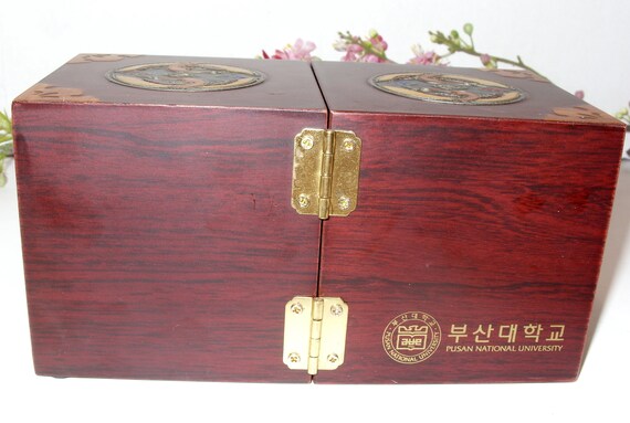 Wood Inlay Korean Hinged Jewelry Box with Four Drawer… - Gem