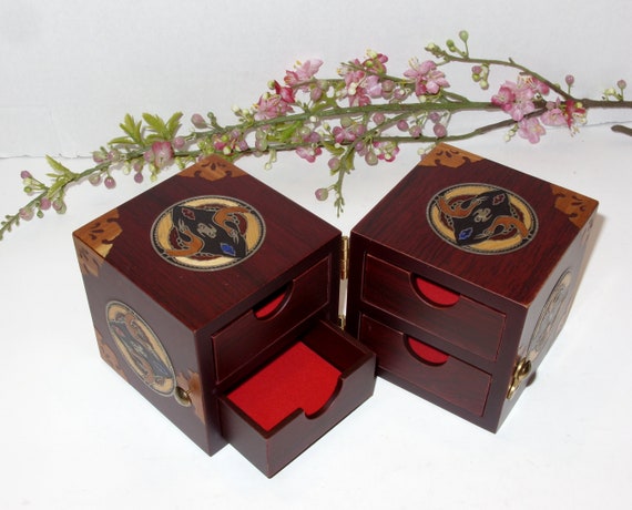 Wood Inlay Korean Hinged Jewelry Box with Four Drawer… - Gem