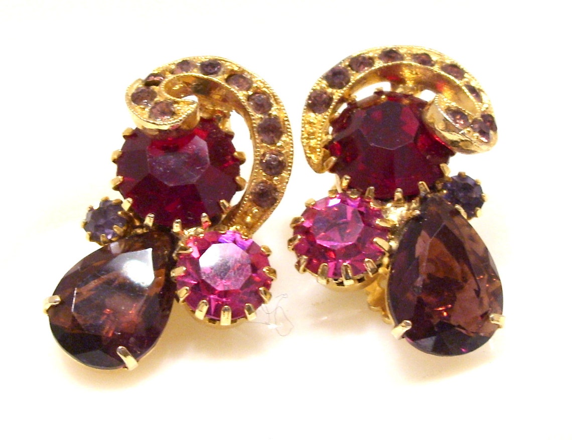 Amethyst Purple, Ruby Red and Pink Rhinestone Brooch Pin and Clip ...