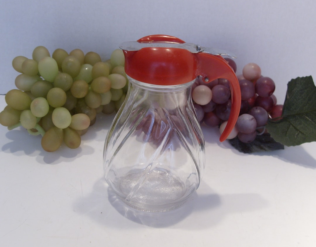 Vintage Glass Syrup Jar With Red Lid Handle and Stainless Dripcut ...