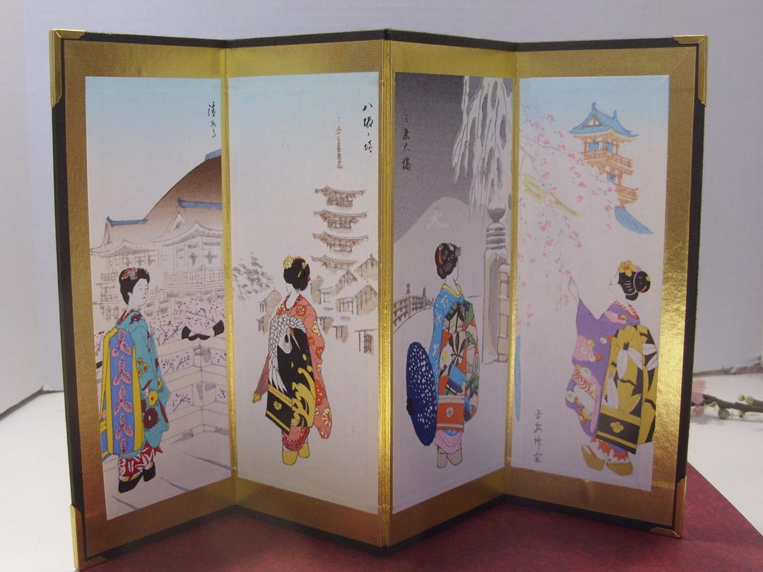 Vintage Japanese Asian Miniature Four Panel Desk Top Screen of Four ...