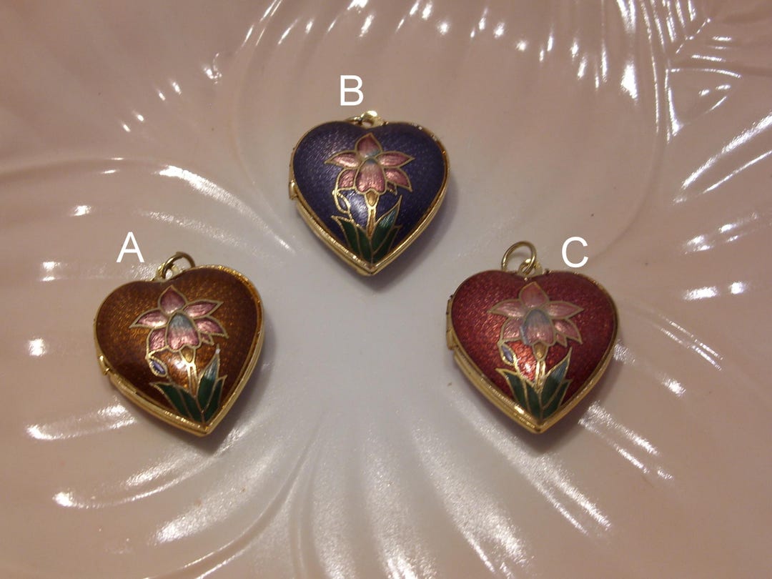 Cloisonne Vintage Heart Locket Pendant YOU CHOOSE A Brown Cloisonne, B Purple Cloisonne, C Rose ...