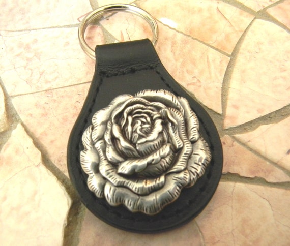 Silver Rose Keychain Black Leather Key Fob Flower Petal Key | Etsy