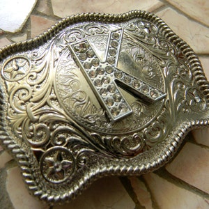 Letter K Personalized Silver Initial Monogram Belt Buckle, Rhinestone K ...