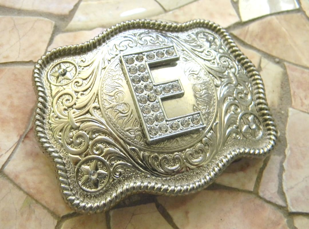 Monogram Letter E Personalized Silver Belt Buckle, Rhinestone Initial E ...