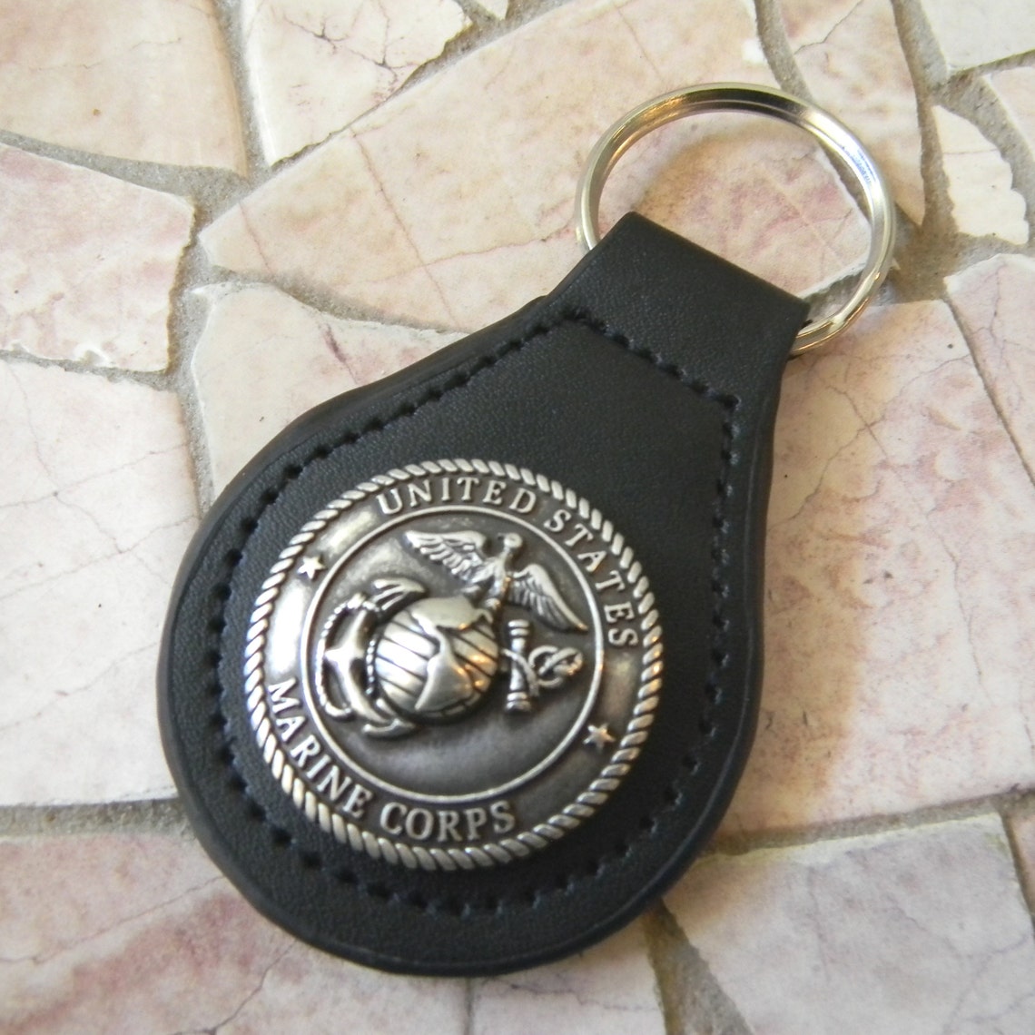 Marine Keychain USMC Key Ring Black Leather Key Fob Key | Etsy