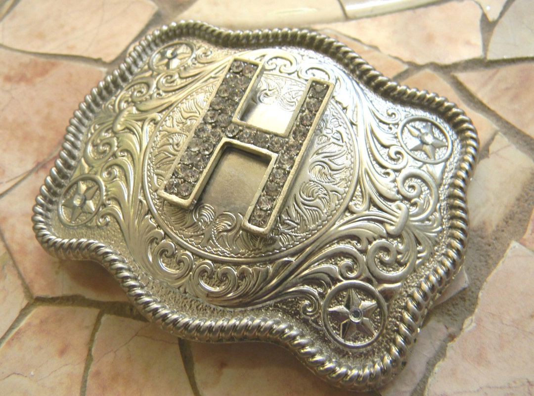 Monogram Letter H Personalized Silver Belt Buckle, Rhinestone Initial H ...