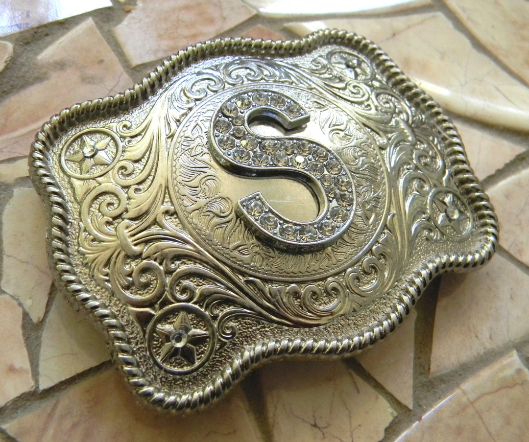 Monogram Letter S Personalized Silver Belt Buckle, Rhinestone Initial S ...