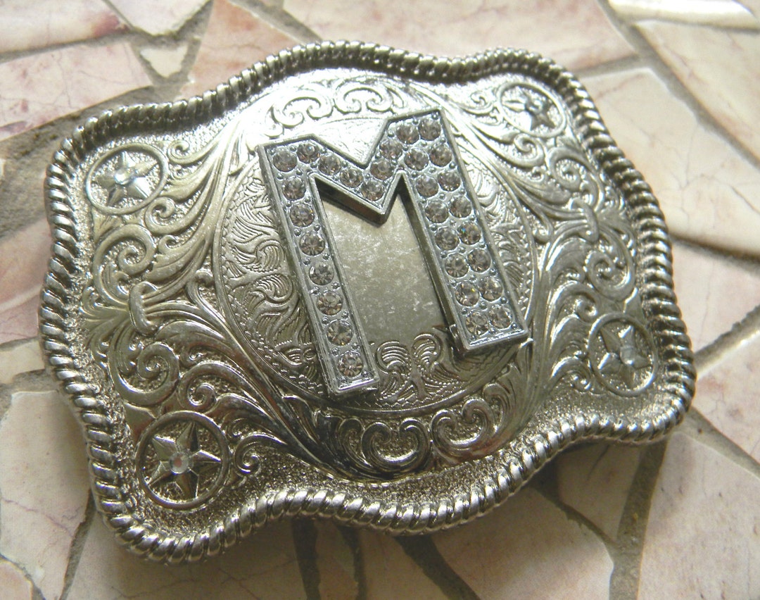 Monogram Letter M Personalized Silver Belt Buckle, Rhinestone Initial M ...