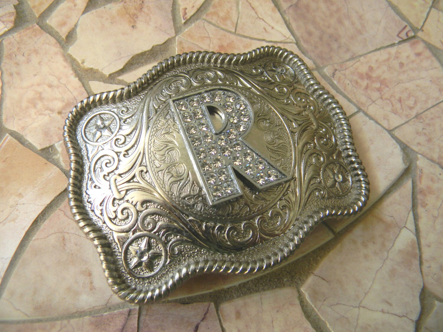 Monogram Letter R Personalized Silver Belt Buckle, Rhinestone Initial R ...