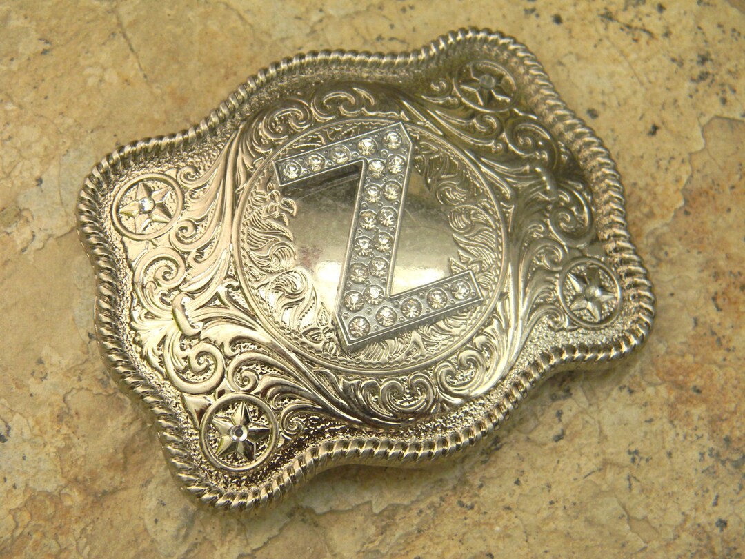 Monogram Letter Z Personalized Silver Belt Buckle, Rhinestone Initial Z ...