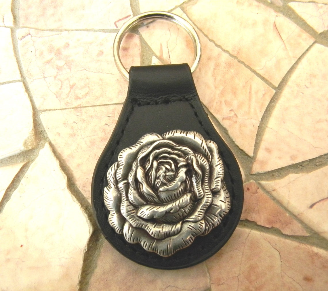 Silver Rose Keychain Black Leather Key Fob Flower Petal Key | Etsy