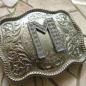 Monogram Letter M Personalized Silver Belt Buckle, Rhinestone Initial M ...