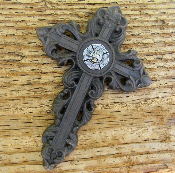 Firefighter Christian Metal Cross Wall Art Cast Iron Catholic | Etsy